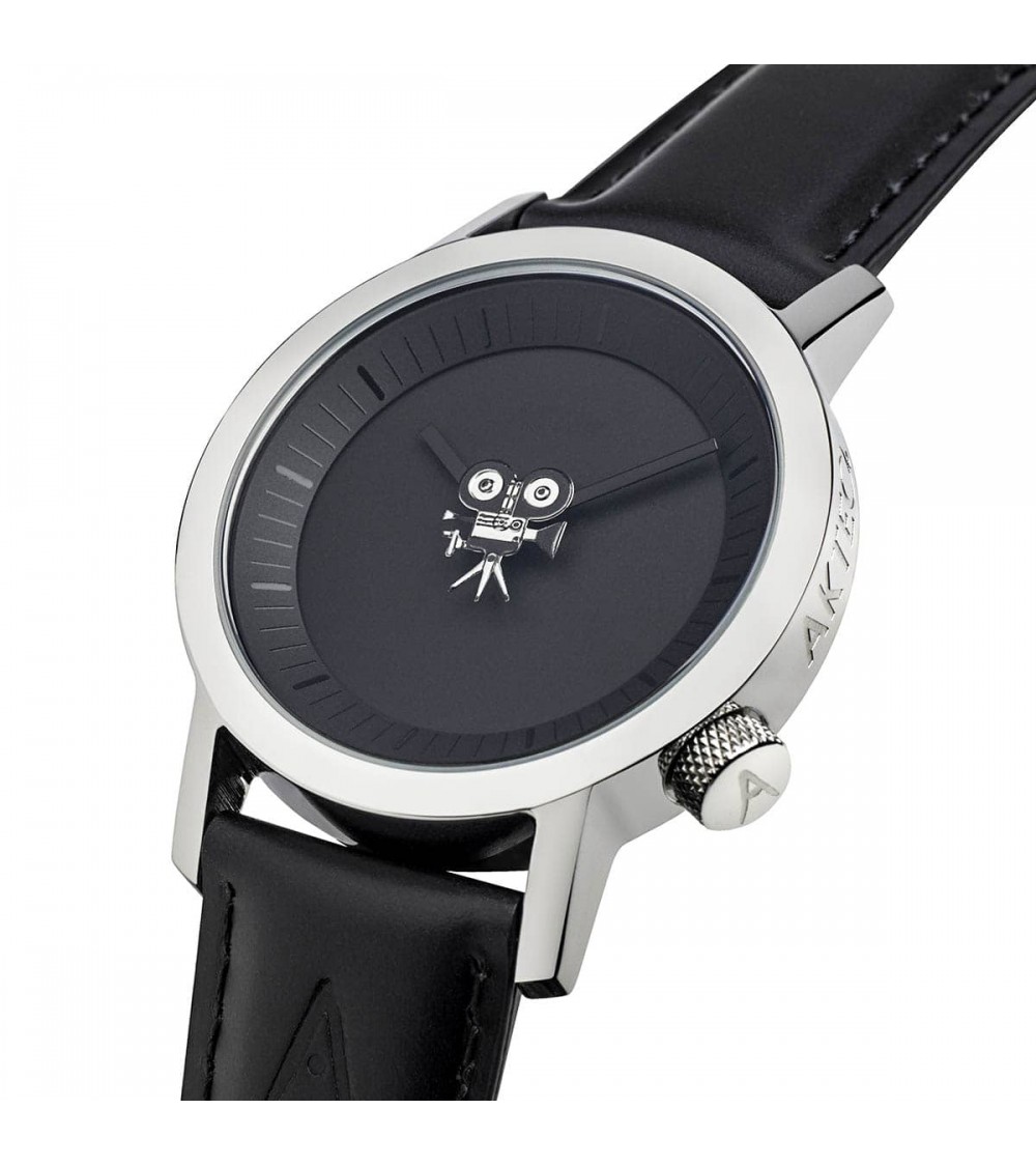 Montre Akteo Cinéma étoile 42, Noir-Acier inox, bracelet cuir noir